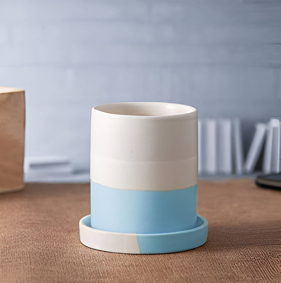 Blue Cylindrical Egg Shape Ceramic Pot with Tray — Plant N Pots